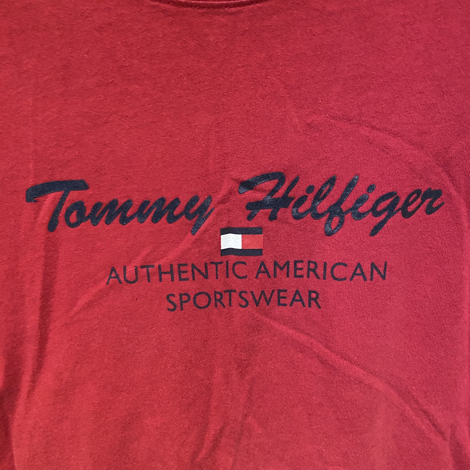 Vintage Tommy Hilfiger Cursive Spell Out Red Short Sl… - Gem