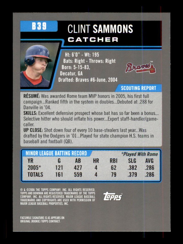 2006 Baseball Bowman Clint Sammons Atlanta Braves #B39 Gold 1 | eBay