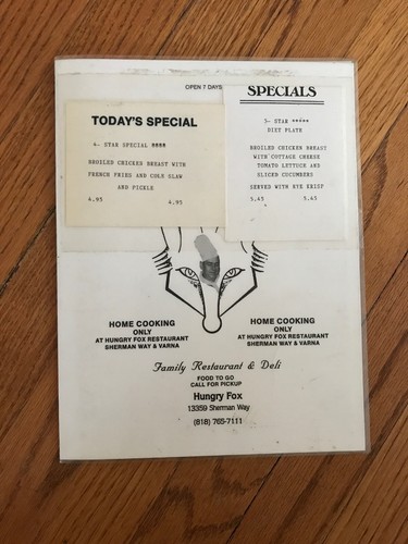 Restaurant Menu North Hollywood California....Hungry Fox | eBay