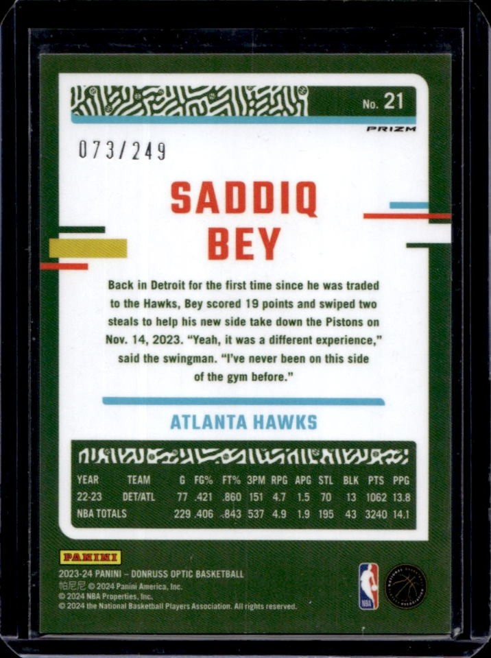 2023-24 Donruss Optic Saddiq Bey Aqua Prizm #73/249 Hawks | eBay