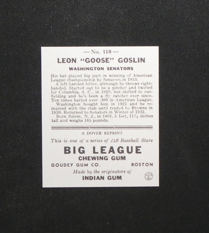 GOOSE GOSLIN 1978 Dover Reprint of 1933 GOUDEY GUM Card #110 _ Exact ...