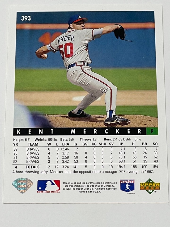 Kent Mercker - Upper deck 1993, Pitcher, Atlanta Braves, Mint #393 ...