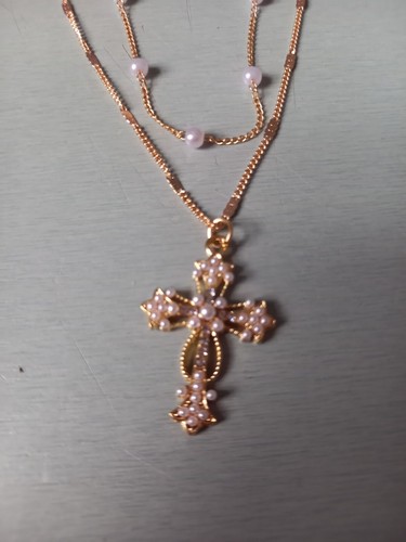 pendentif croix métal doré & perle Multi 2 rangs en 1 collier | eBay