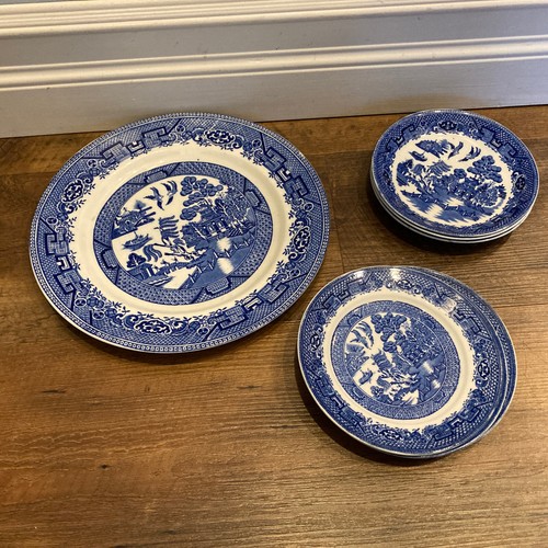 7 Pcs Globe Pottery Blue Willow Plates Dinner Bread Saucer Antique ...