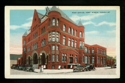 Post Office postcard Texas TX Fort Worth cars street lamps arches ...