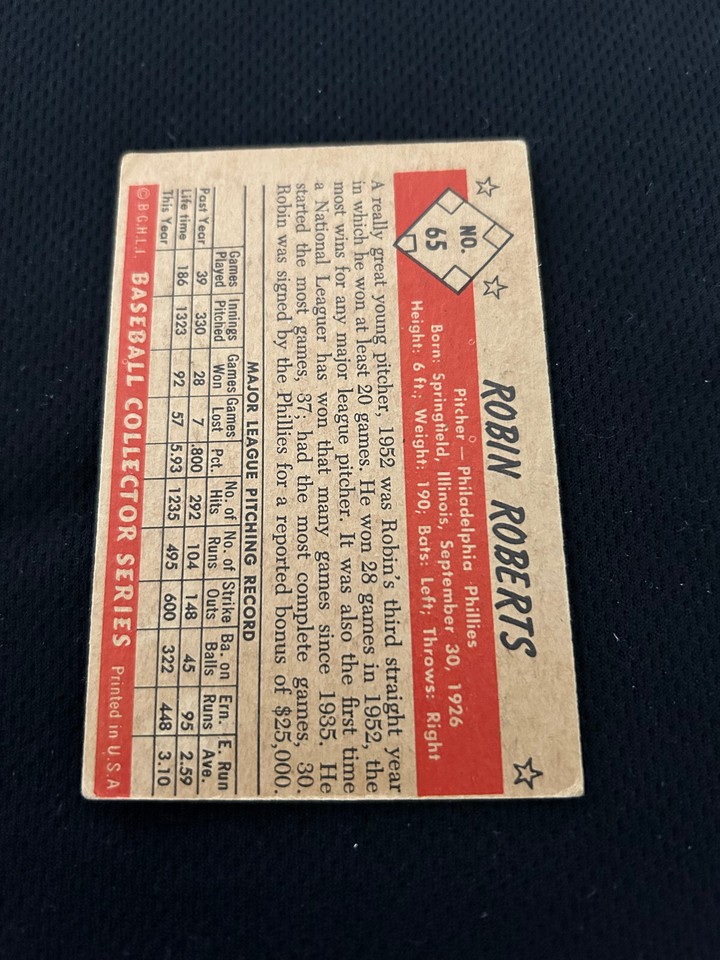 ROBIN ROBERTS 1953 BOWMAN PHILADELPHIA PHILLIES #65 BASEBALL CARD | eBay