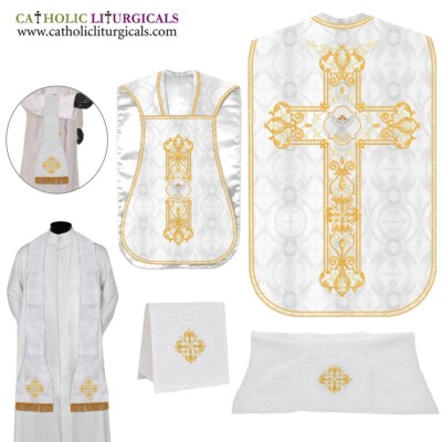 NEW White Roman Chasuble Fiddleback Vestment & Mass set, Holy Spirit ...