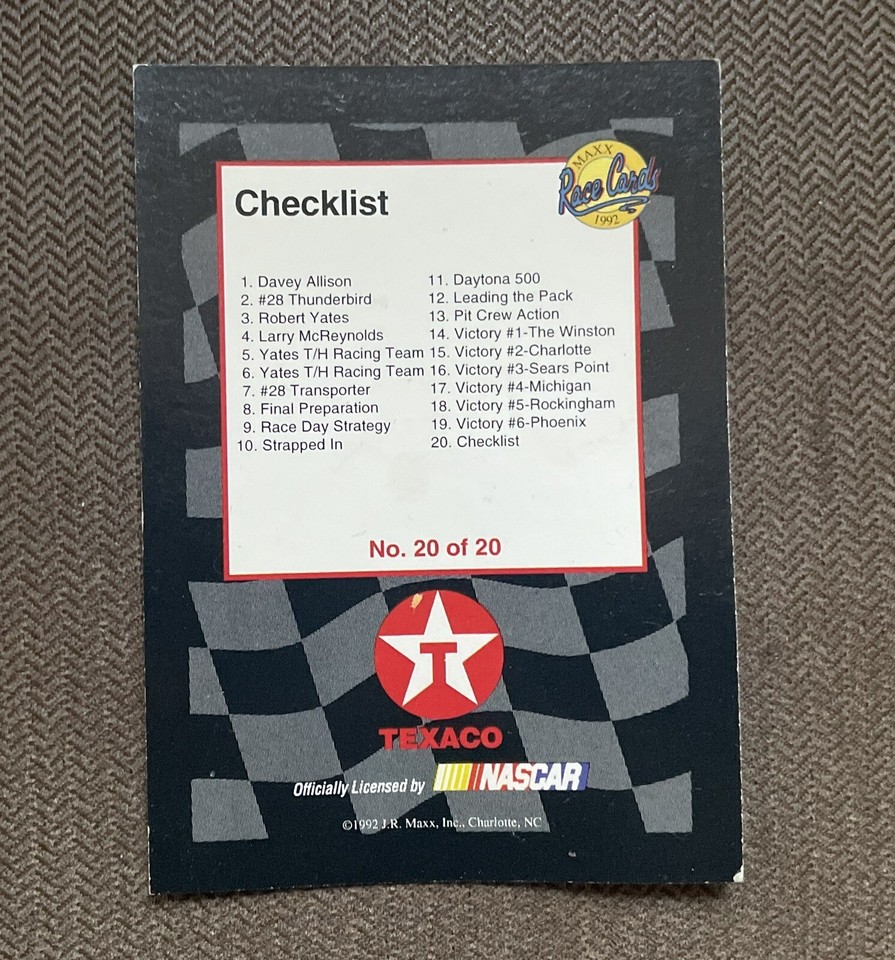 1992 Maxx Racing Davey Allison/Yates Texaco Star NASCAR Card Team Set ...