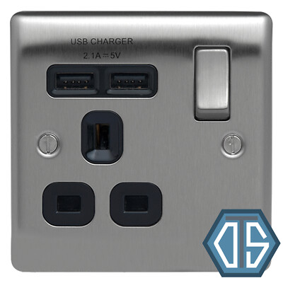 BG Nexus NBS21U2B Brushed Steel Satin Chrome USB Single Socket 1 Gang ...