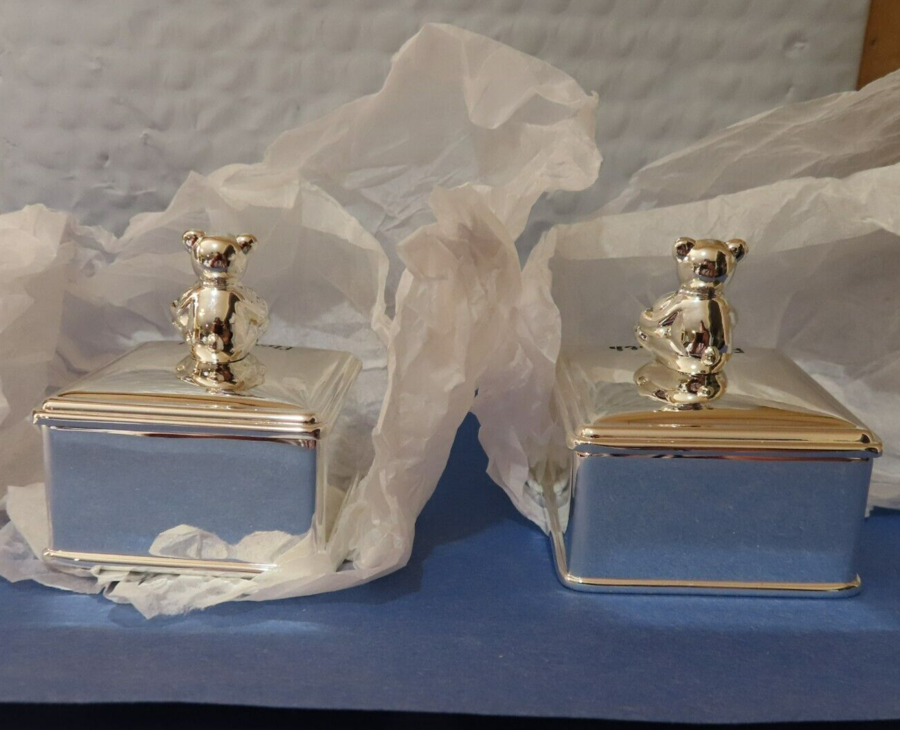 C.R.Gibson Teddy Bear Silverplate Baby's First Tooth & Curl Boxes NEW ...