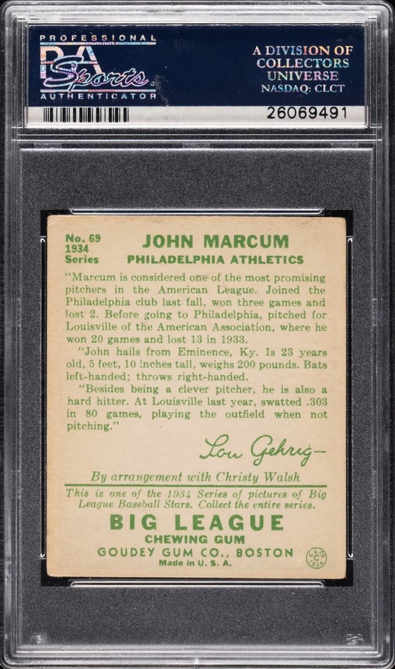 1934 Goudey Baseball (R320) - #69 John Marcum, Philadelphia Athletics ...