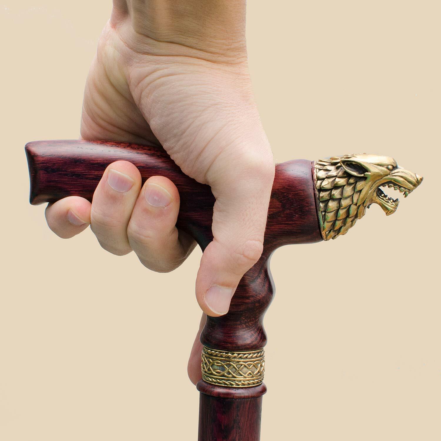 Brass Direwolf Wooden Walking Stick - Wolf Head Cane for Men Women ...