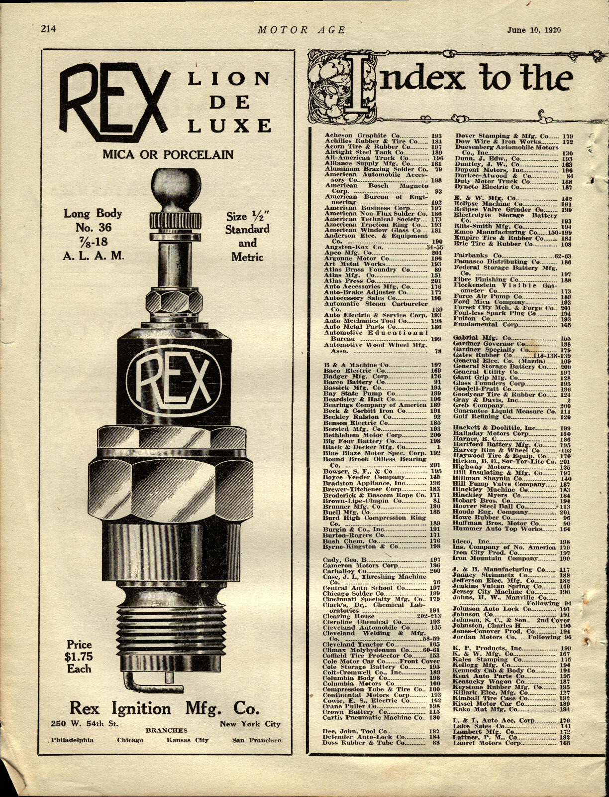 1920 Rex Spark Plugs Advertisement: Lion De Luxe; 54th St., New York ...
