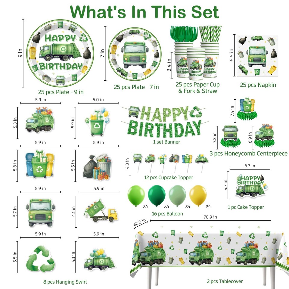 198 Pcs Trash Truck Birthday Decorations Garbage Waste Management... | eBay