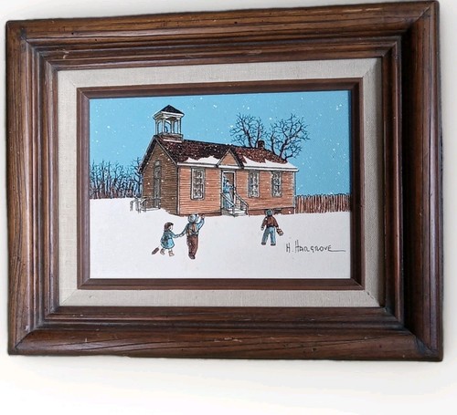 signed H. Hargrove Framed Oil Painting SCHOOL HOUSE WINTER SCENE | eBay