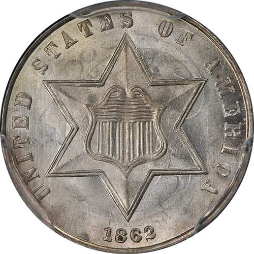 1862/1 Three (3) Cent Silver CAC Sticker PCGS MS66+ Blazing White Gem ...