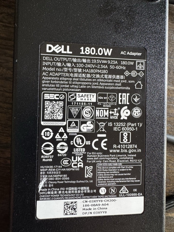 Dell 180 W Ac Power Adapter Model DA180PM200 | eBay