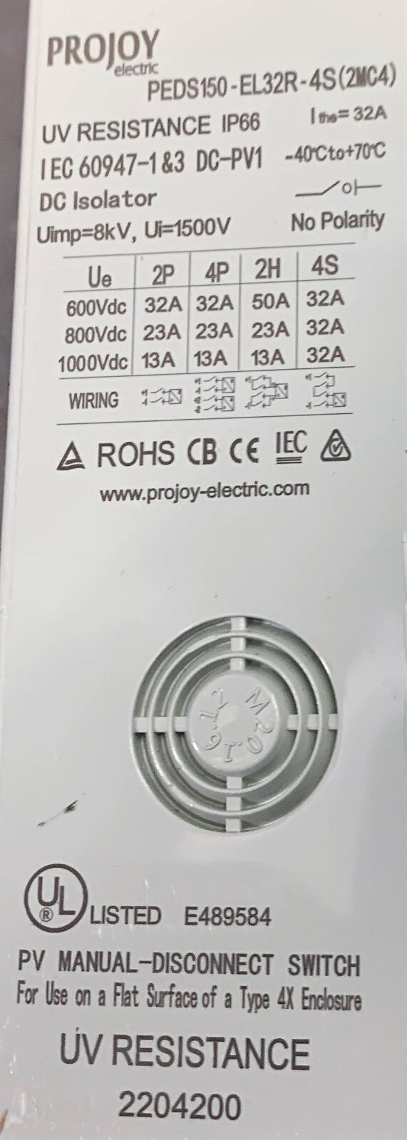 PROJOY ELECTRIC PEDS-150-EL32R-4S (2MC4) ENCLOSURE DC ISOLATOR 1000V ...