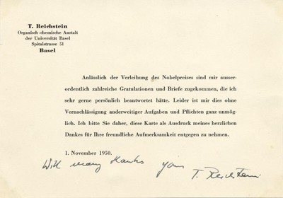 TADEUS REICHSTEIN - PRINTED NOTE SIGNED IN INK CIRCA 1950 | eBay