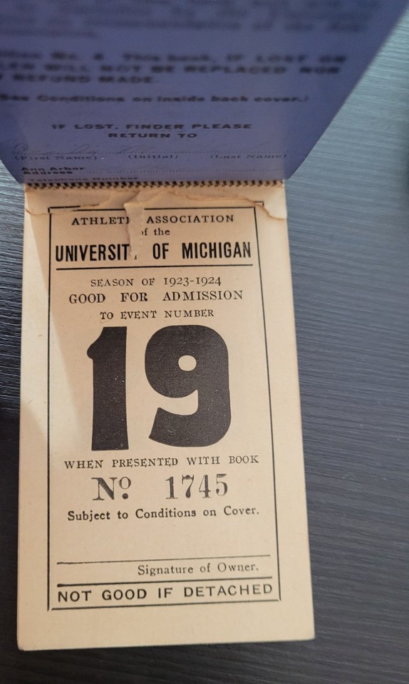 1923-24 University of Michigan Student Athletic Ticket Book Fielding ...