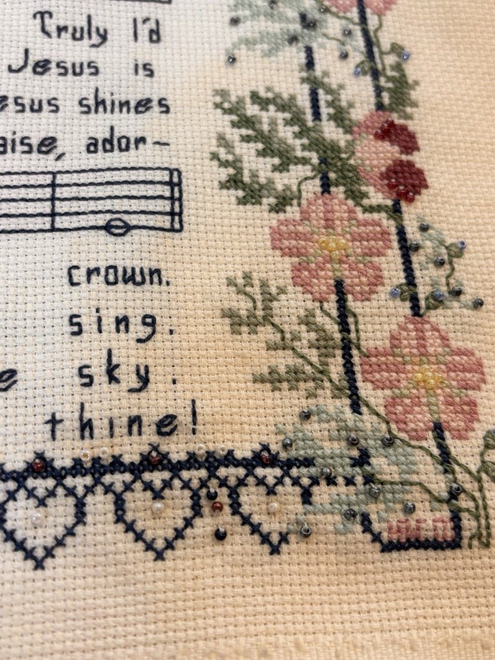 Vintage Embroidered Cross Stitch Hymn Sampler “Beautiful Saviour” Beads ...