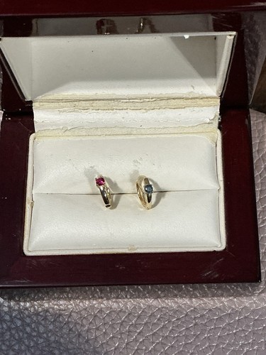 14K Gold Huggie Hoop Earrings Ruby And Sapphire Simulated Gemstones | eBay