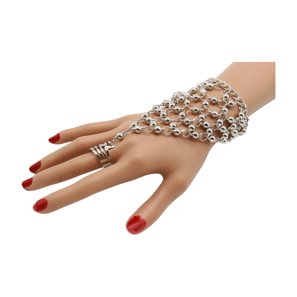 Women Silver Metal Hand Chain Bracelet Ball Charms Ring Connected One ...
