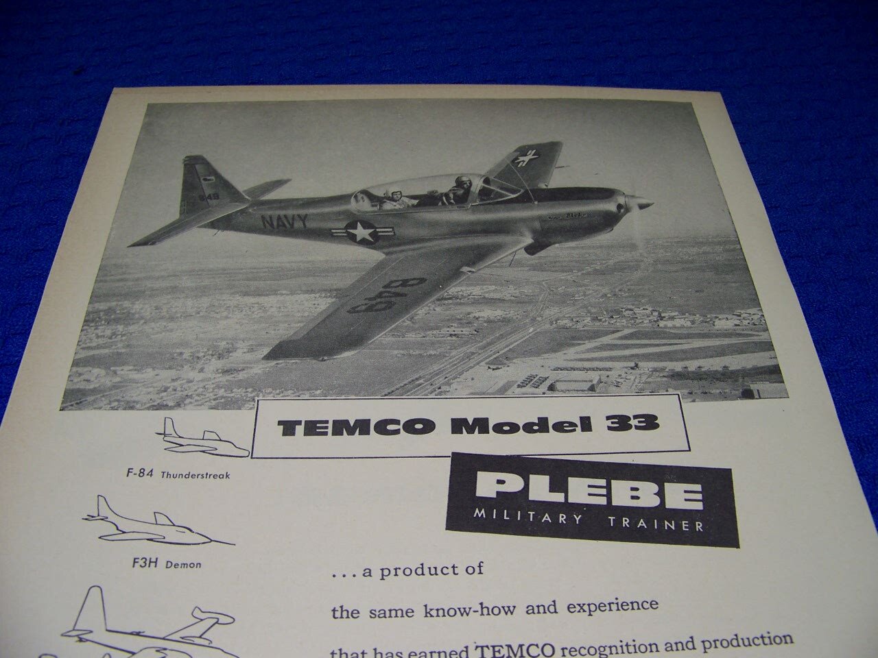 1954 TEMCO 33 PLEBE "PLEBE MILITARY TRAINER"..1-PAGE ORIGINAL SALES AD ...