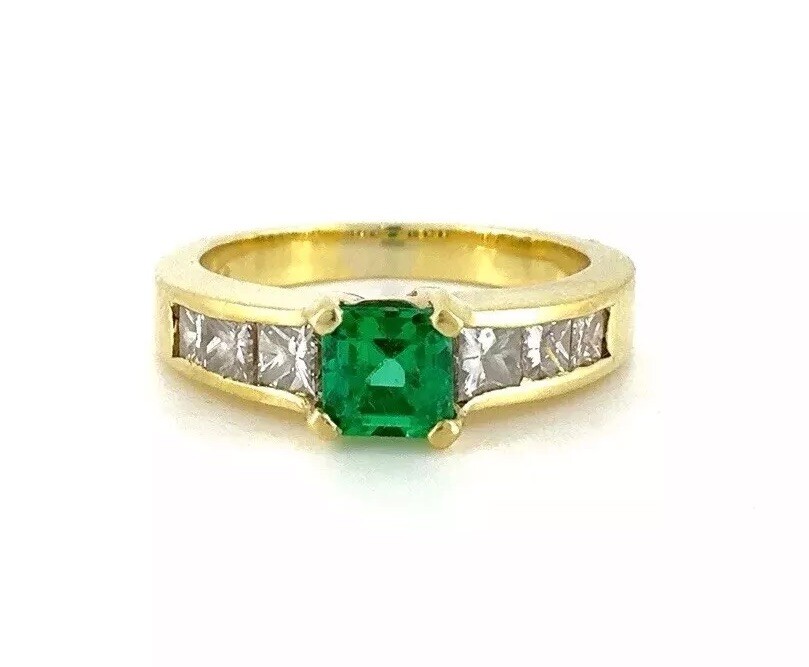 Natural Green Emerald Ring 18K Yellow Gold Princess C… - Gem