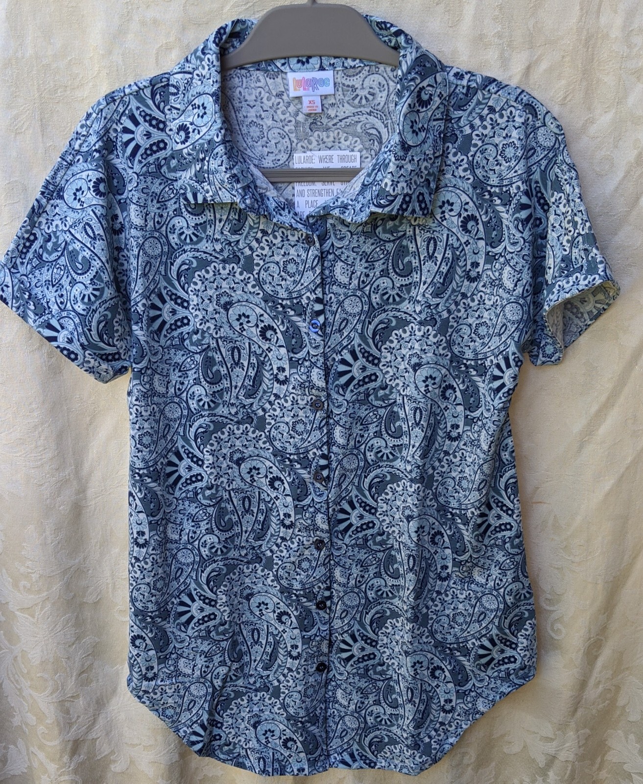 LuLaRoe Charlie Short Sleeve Button Collared Shirt Blue Paisley & Camo ...