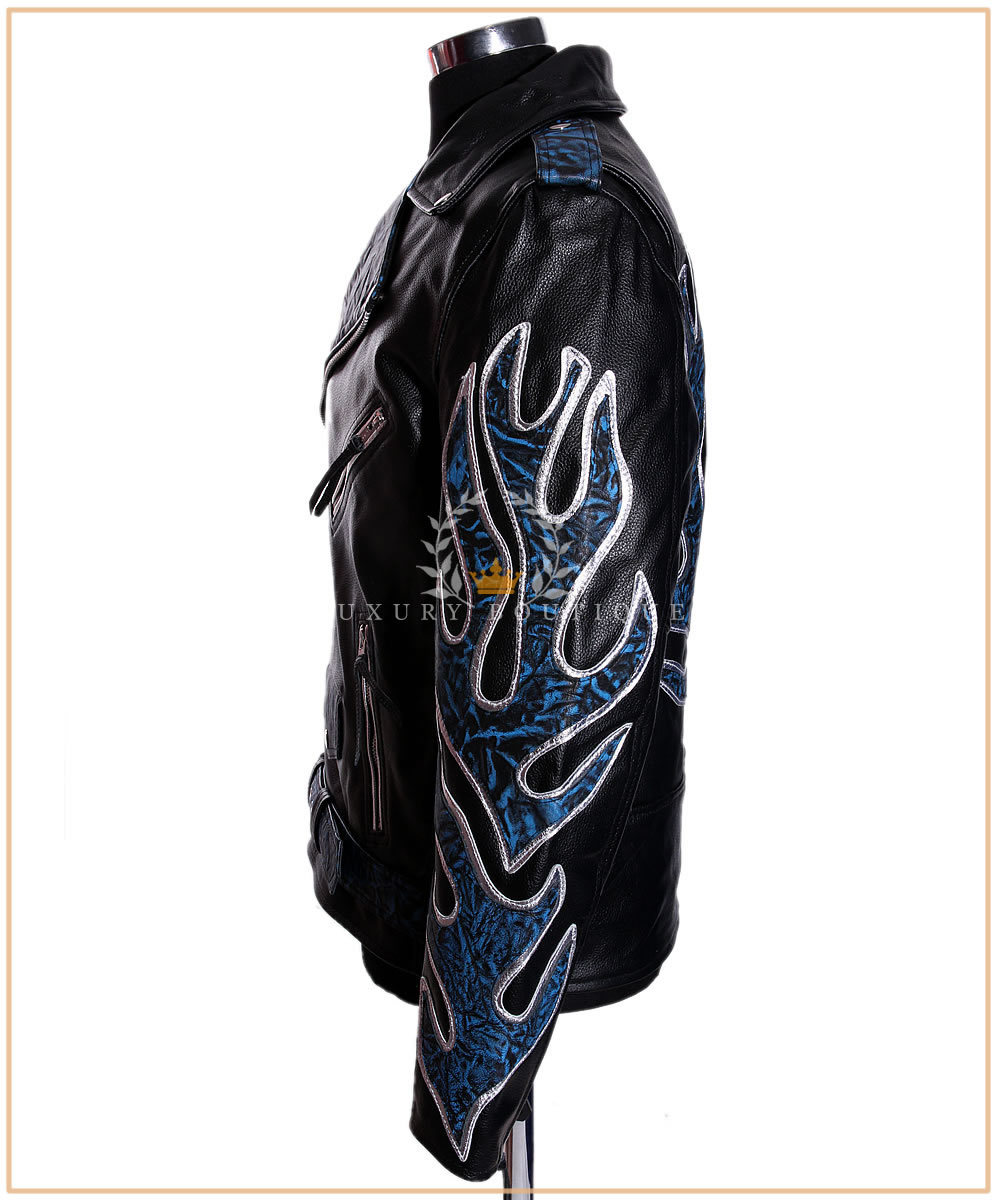 Brando Men's Blue Flames Motorcycle Real Cowhide Leather Biker Fashion ...