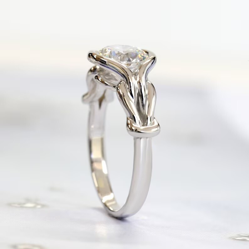 Shiny White Round Natural Moissanite Knot Design Ring In Real 10K White ...