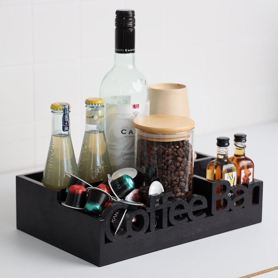 Coffee Bar Organizer for Countertop – Wooden Coffee Caddy with ...