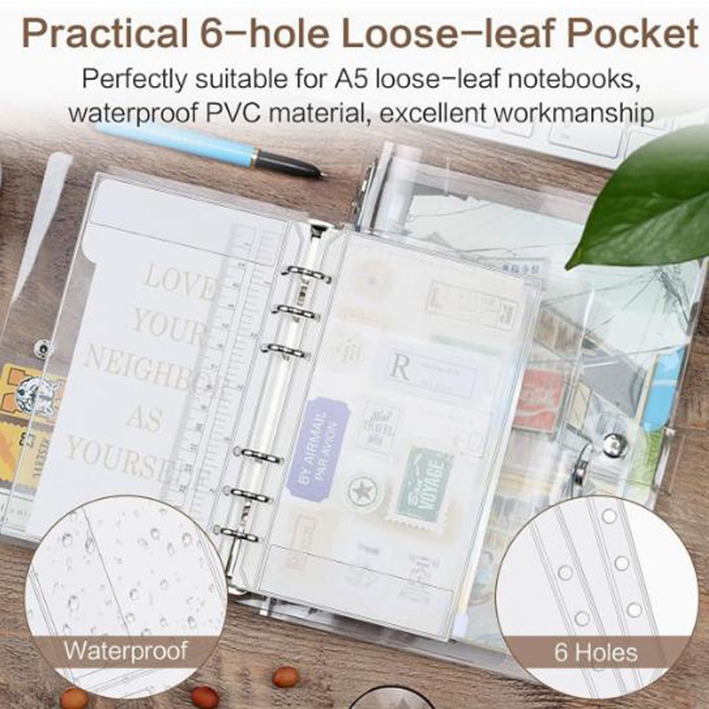 A5 Binder Pocket with 6 Holes Binder Sleeves PVC Document Filling Bags ...
