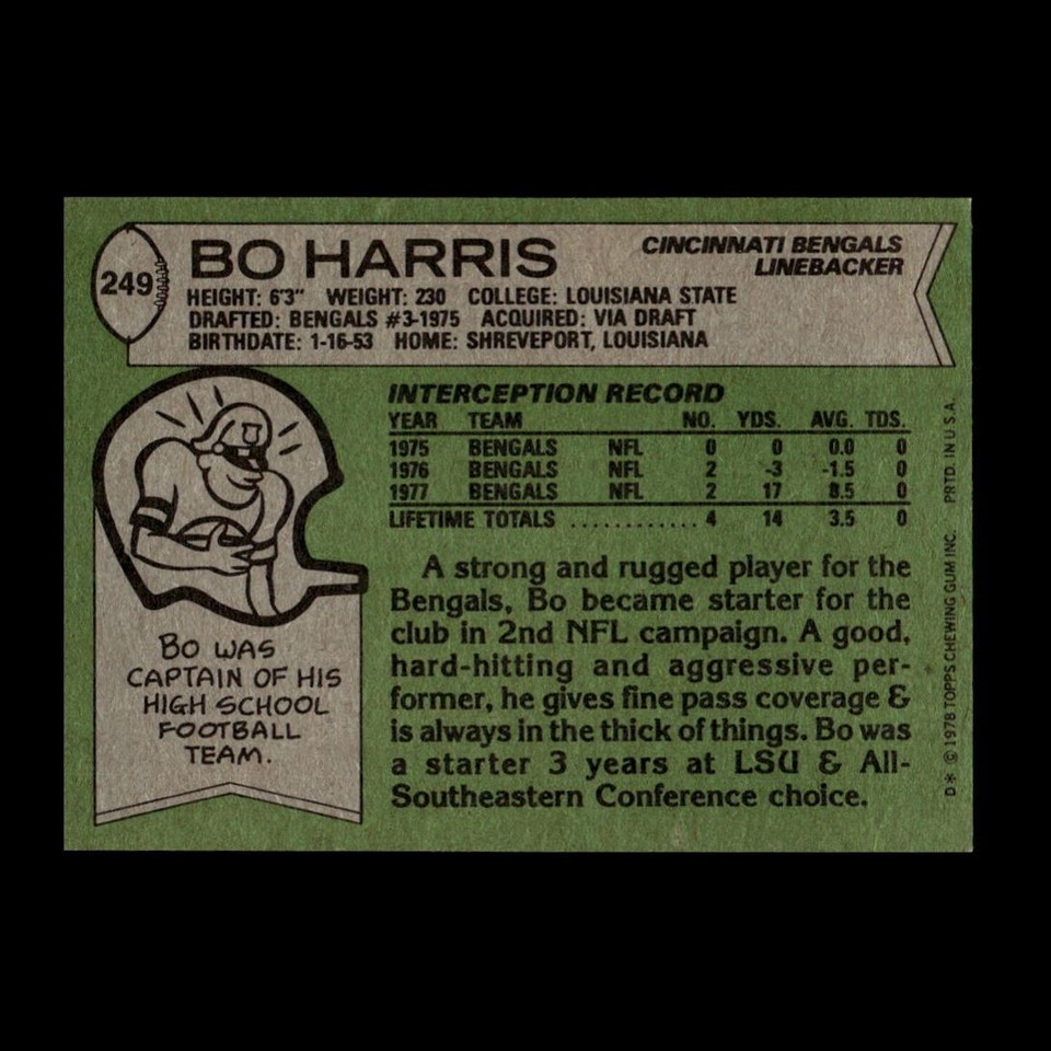 Bo Harris 1978 Topps Rookie Cincinnati Bengals #249 R308i 3 | eBay