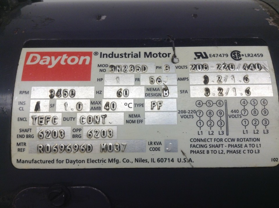 Dayton Scot 1211 11 Pump 3N235D 1 HP 3450 RPM 208-220/440 VAC 3002 K271 ...