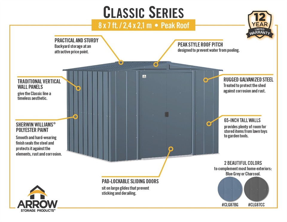 Arrow Classic Steel Storage Shed, 8X7, Blue Grey | eBay