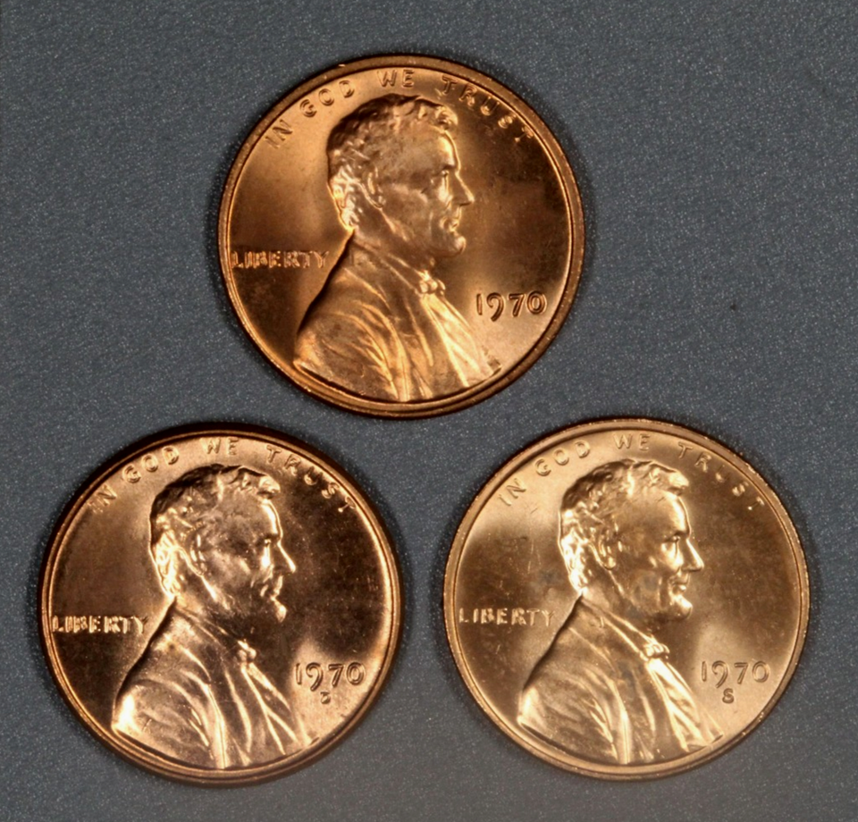 1970 (P) D S - Lincoln Memorial 1¢ Cent Penny - 3 Coins - Choice to Gem ...