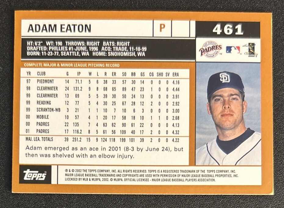 2002 Topps Adam Eaton Baseball Card #461 Padres Pitcher GD/VG O/C | eBay
