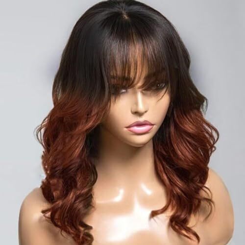1b30 Ombre Brown Layered Cut Wavy Human Hair Wig With Bangs 13X6 HD ...