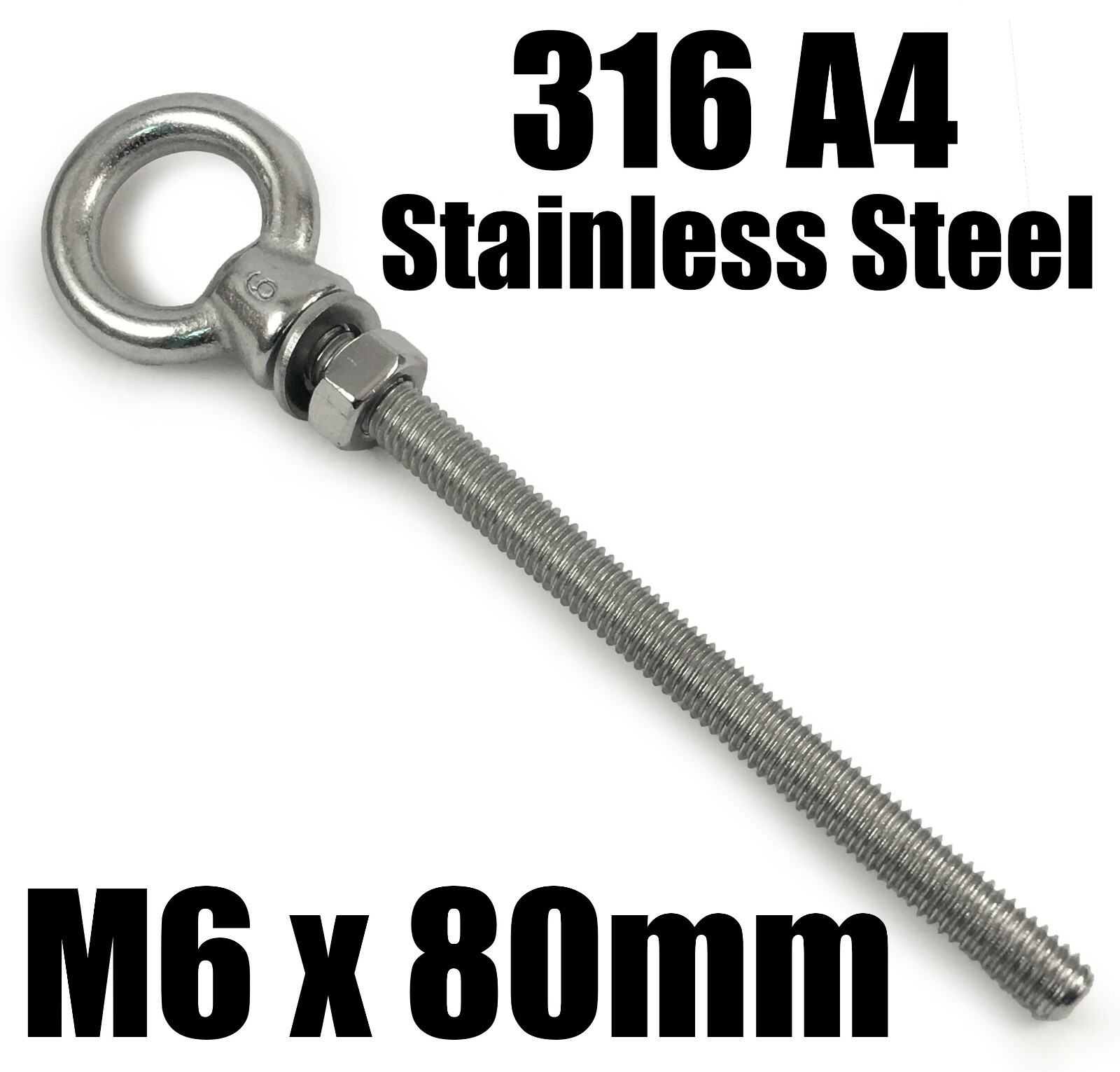 M6 x 80mm A4 Marine Grade 316 Stainless Steel Lifting Eye Bolt Long ...