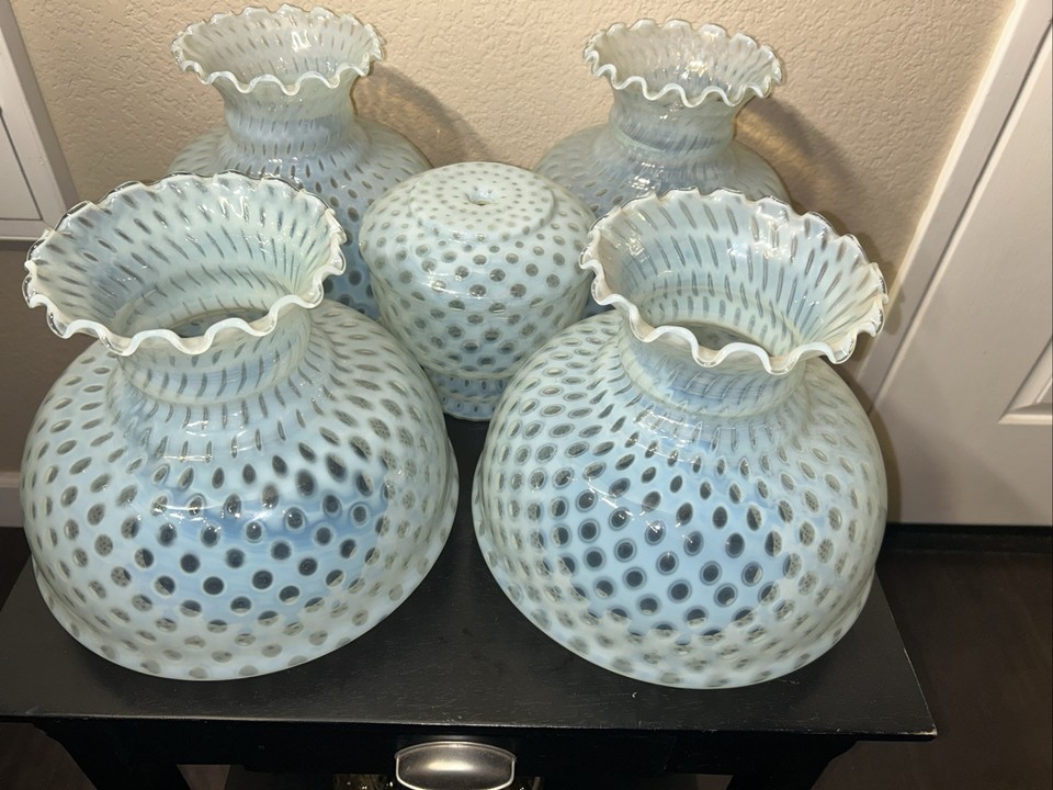 3 7 inch Blue Fenton Student Lamp Shades Bubble Glass and 1 bottom ...