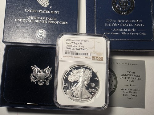 2025 W Silver Eagle Army 250th anniversary privy NGC PF69 with COA and ...