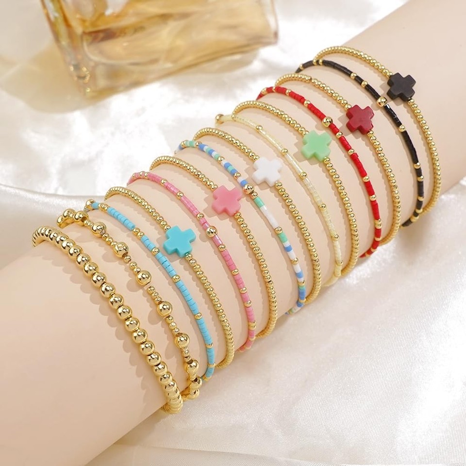4PCS/Set Black Cross 14K Gold Ball Beaded Bracelets Stack for Women ...