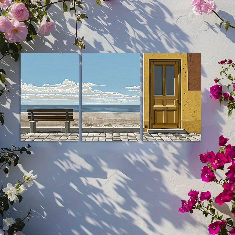 3pcs Anime Style Beach and Doorway Illustration Wall Art Canvas ...