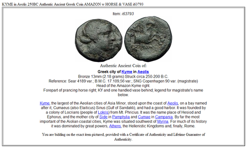 KYME in Aeolis 250BC Authentic Ancient Greek Coin AMAZON w HORSE & VASE ...