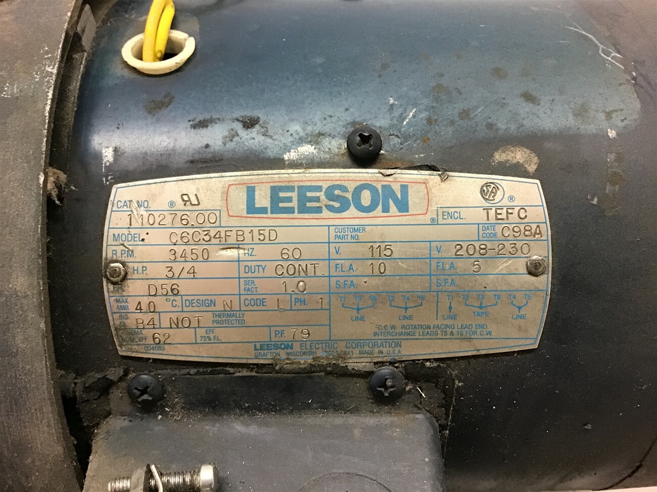 Leeson C6C34FB15D Brake Motor 3/4 HP D56 frame 208/230V TEFC 3450 rpm ...