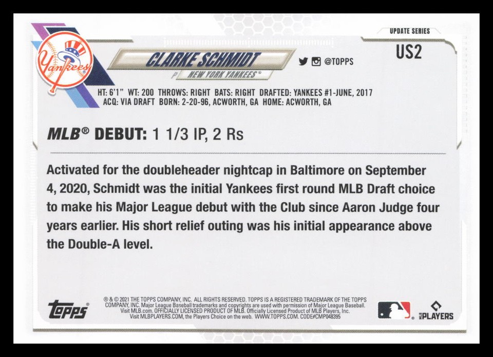 2021 Topps Update #US2 Clarke Schmidt New York Yankees Baseball Card | eBay