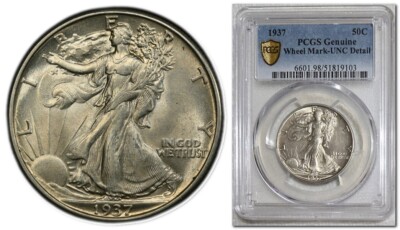 1937 Walking Liberty HALF DOLLAR $1, PCGS Genuine UNC DETAIL (Wheel ...