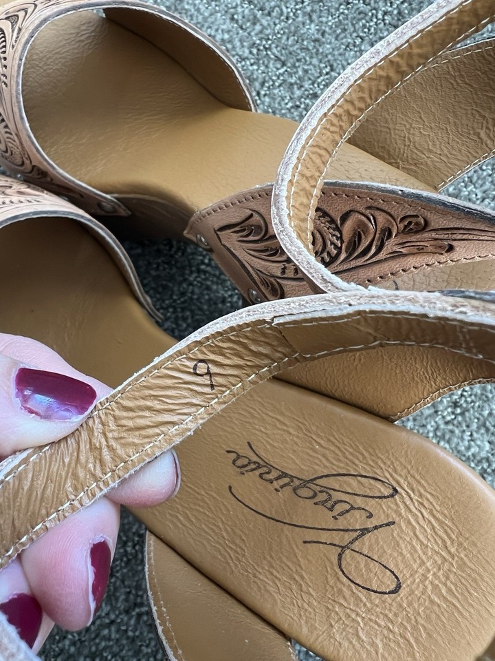 Virginia Women’s Size 9 Tooled Leather Platform Sandals Block Heel | eBay
